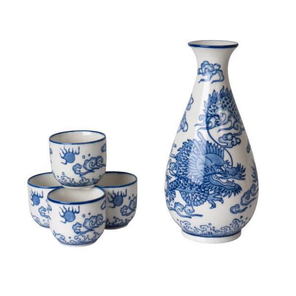 Ryu Dragon Porcelain Glazed 10 oz Sake Bottle and 4 Cups Gift Set – Arisu